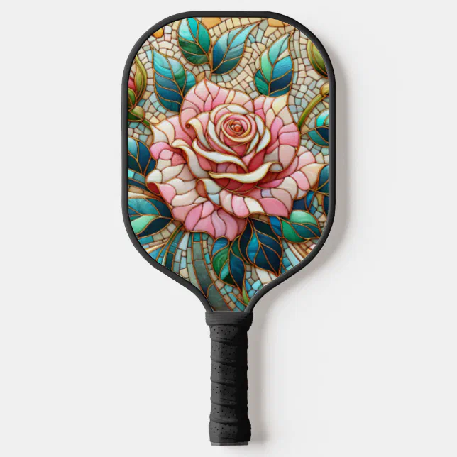 Pink Roses Stained Glass Mosaic Pickleball Paddle | Zazzle