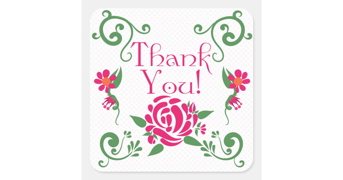 Pink Roses Thank You Square Stickers, Glossy Square Sticker | Zazzle