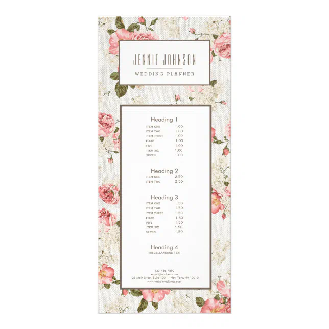Pink Roses Vintage Floral Pattern Business Rack Card | Zazzle