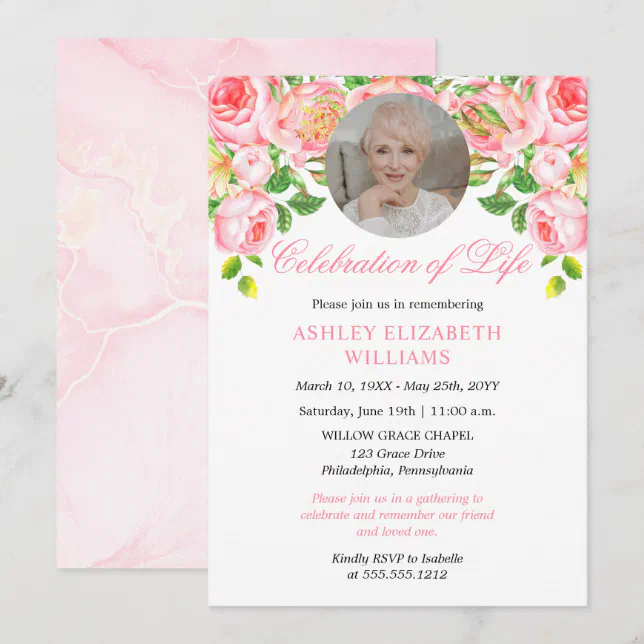 Pink Roses Watercolor Floral Celebration of Life I Invitation | Zazzle