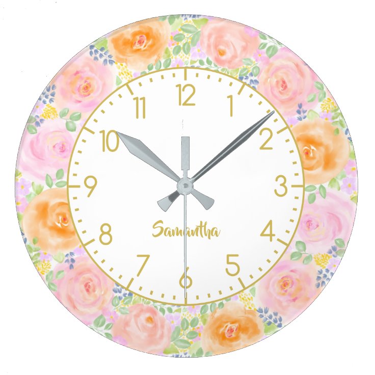 Pink Roses Watercolor Floral Fancy Large Clock | Zazzle