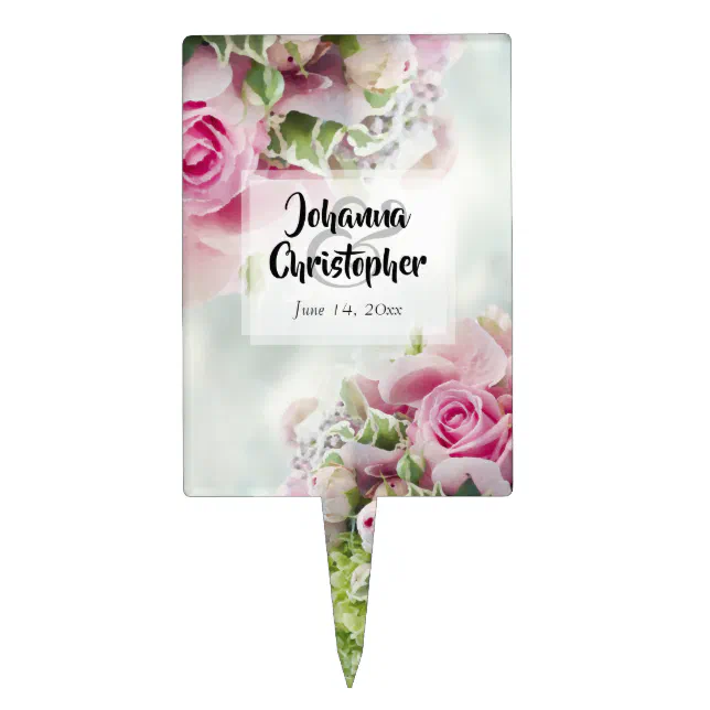 Pink Roses Wedding Cake Pick | Zazzle