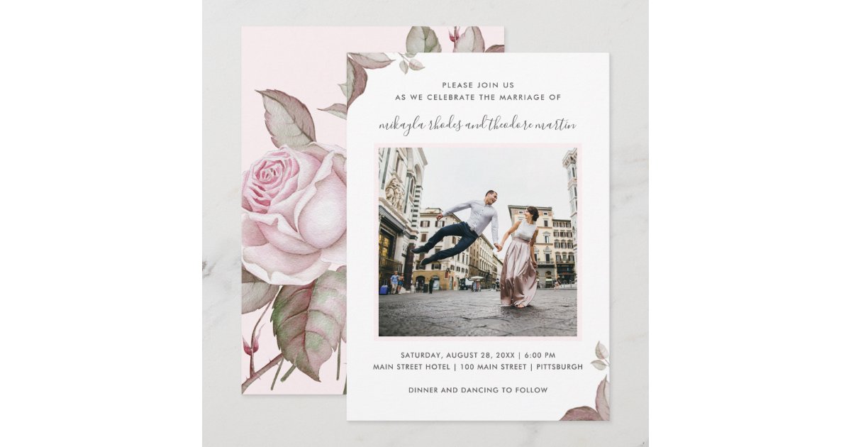 Pink Roses Wedding Photo Invitation | Zazzle