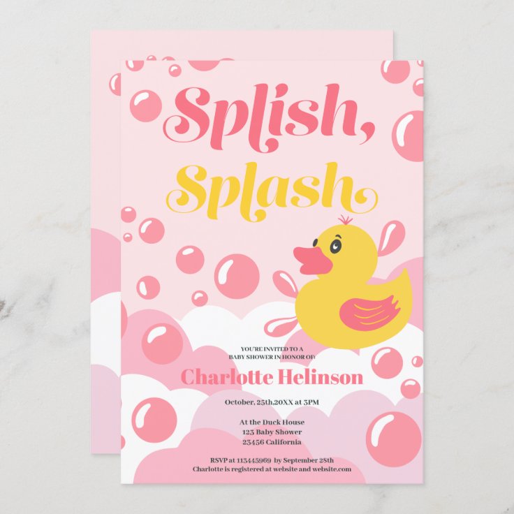 Pink rubber duck splish splash bubbles baby shower invitation | Zazzle