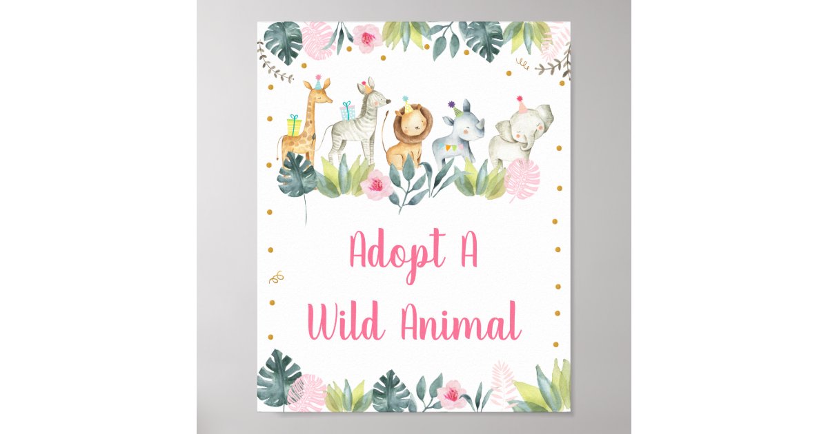 Pink Safari Jungle Adopt An Animal Birthday Poster | Zazzle