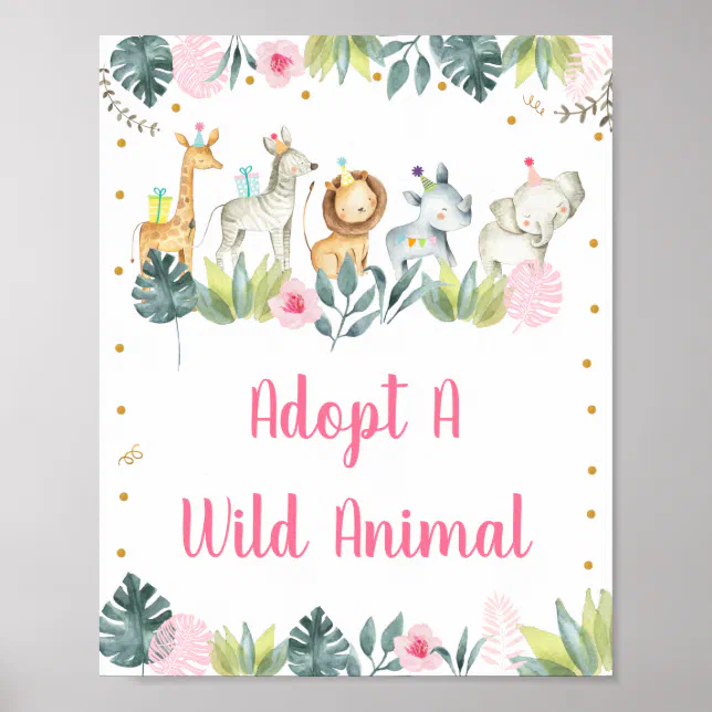 Pink Safari Jungle Adopt An Animal Birthday Poster | Zazzle