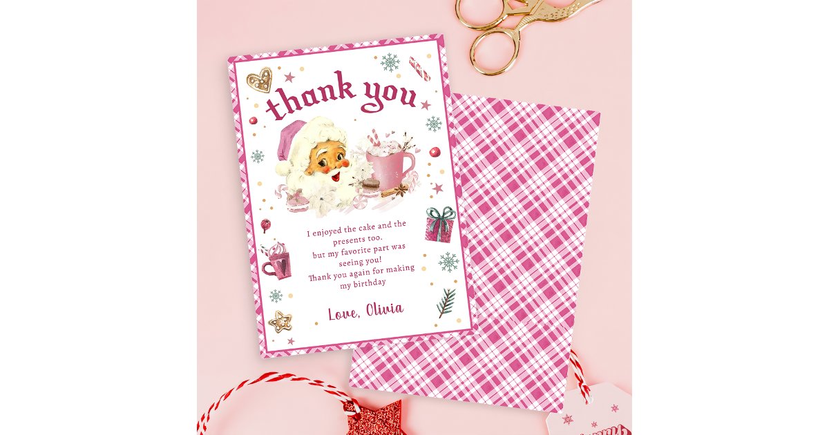 Pink Santa Christmas Birthday Thank You Card | Zazzle