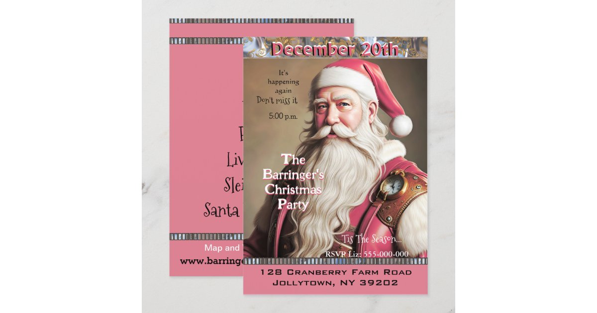 Pink Santa Keeping Time Christmas Party Invitation | Zazzle