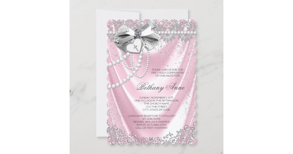Pink Satin First Communion Invitation | Zazzle