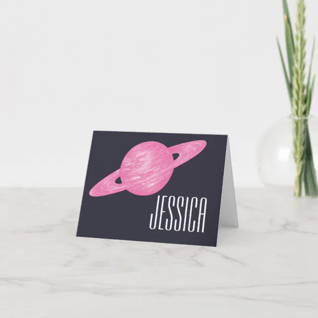 Pink Saturn Space Lovers Personalized Name Kids Note Card | Zazzle