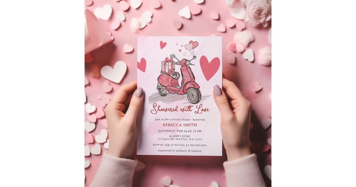 Pink Scooter Hearts Valentines Day Bridal Shower Invitation | Zazzle