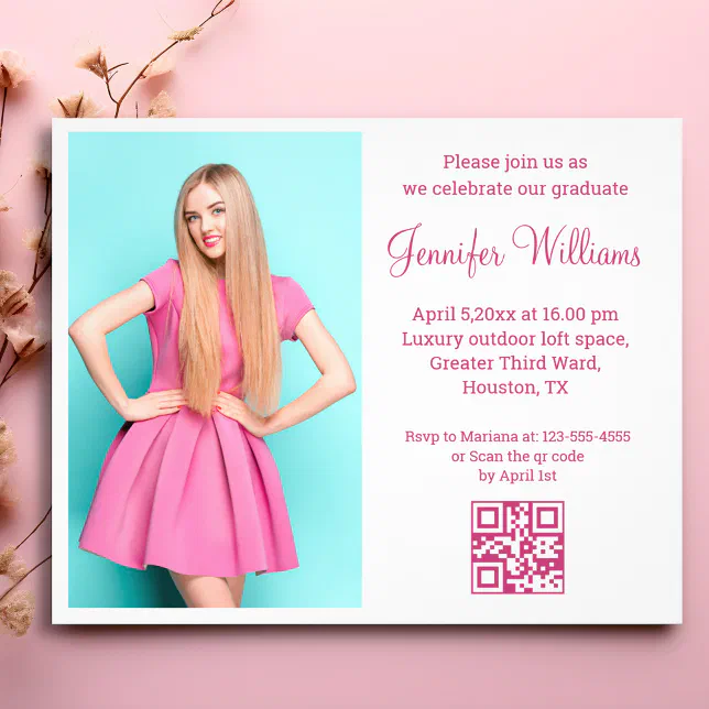 pink script qr code photo graduation invitation flyer | Zazzle