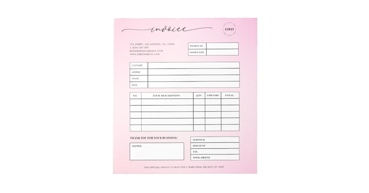 Pink Script Small Business Sales Invoice Receipt Notepad | Zazzle