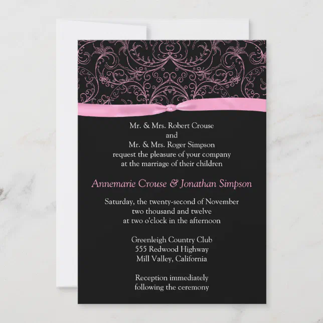 Pink Scrolls and Ribbon Wedding Invitation | Zazzle