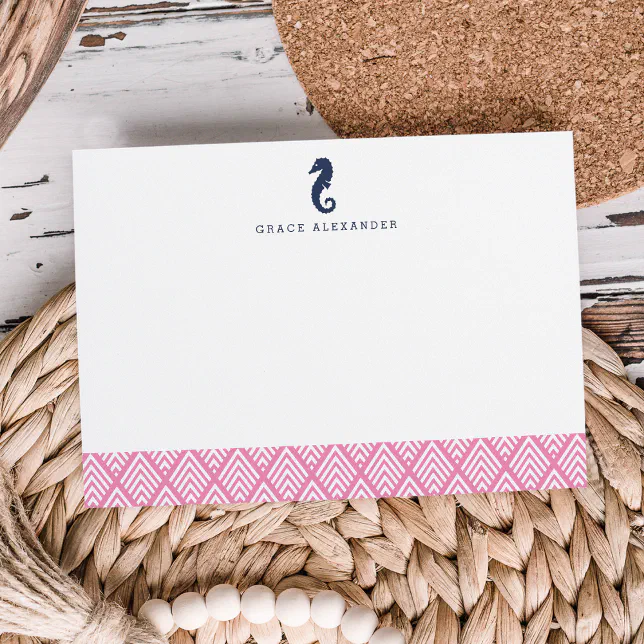 Pink | Seahorse Personalized Stationery Flat Note Card | Zazzle