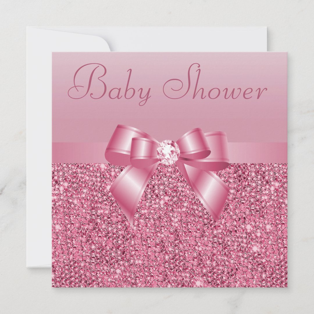 Pink Sequins, Bow & Diamond Baby Shower Invitation | Zazzle