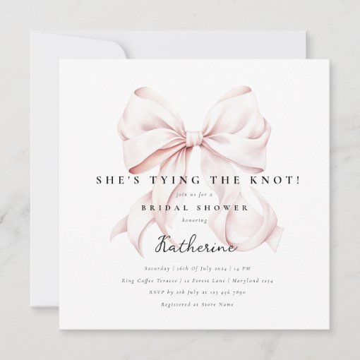 Pink She's Tying the Knot Bow Bridal Shower Invitation | Zazzle