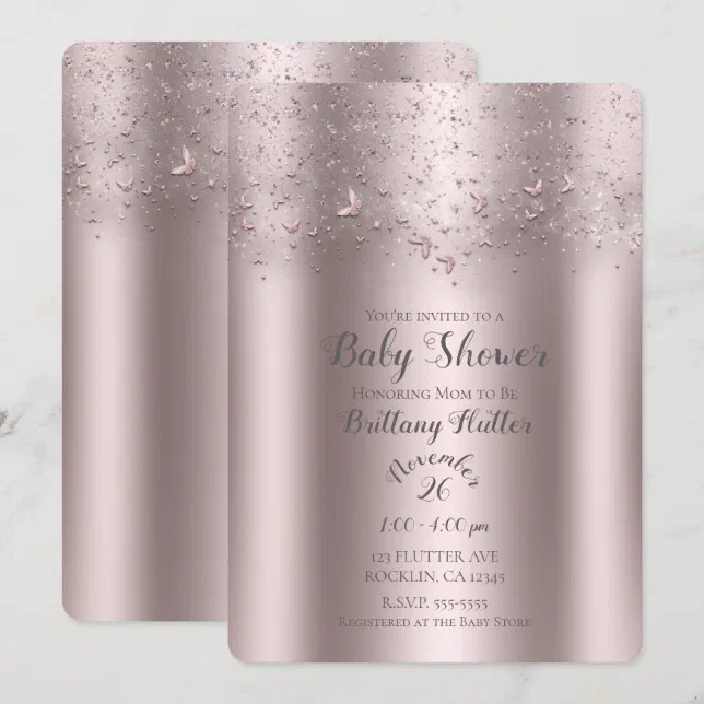 Pink Shimmer Flutter Butterfly Baby Shower Invitation | Zazzle