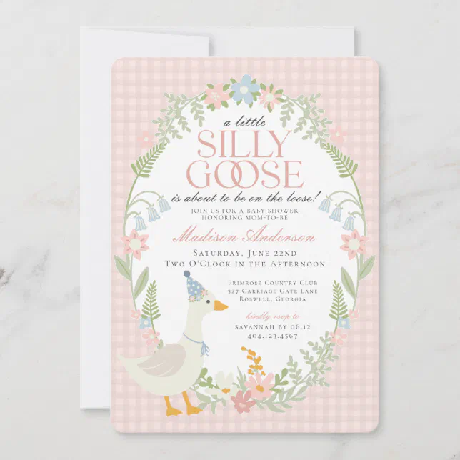 Pink Silly Goose Floral Gingham Baby Shower Invitation | Zazzle