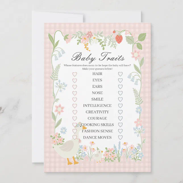 Pink Silly Goose Floral Gingham Baby Traits Game Invitation | Zazzle