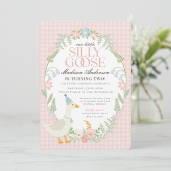 Pink Silly Goose Floral Gingham Birthday Party Invitation | Zazzle