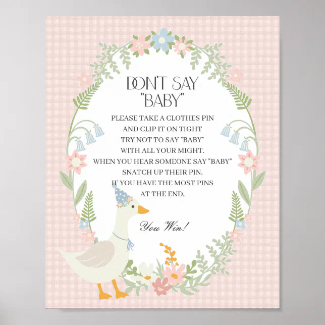 Pink Silly Goose Floral Gingham Dont Say Baby Game Poster | Zazzle