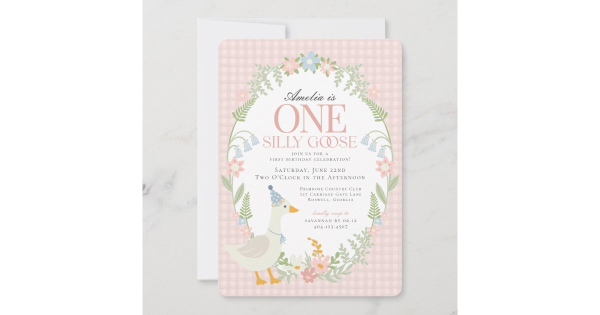 Pink Silly Goose Floral Gingham First Birthday Invitation | Zazzle