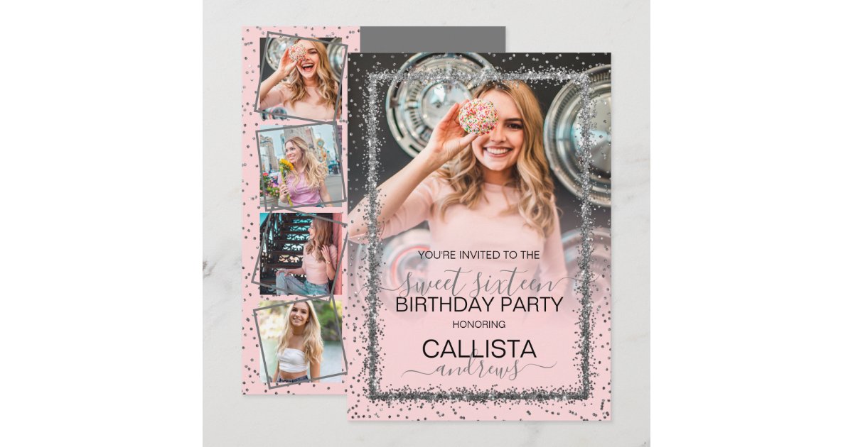 Pink Silver Confetti Border Photo Sweet 16 Invitation | Zazzle