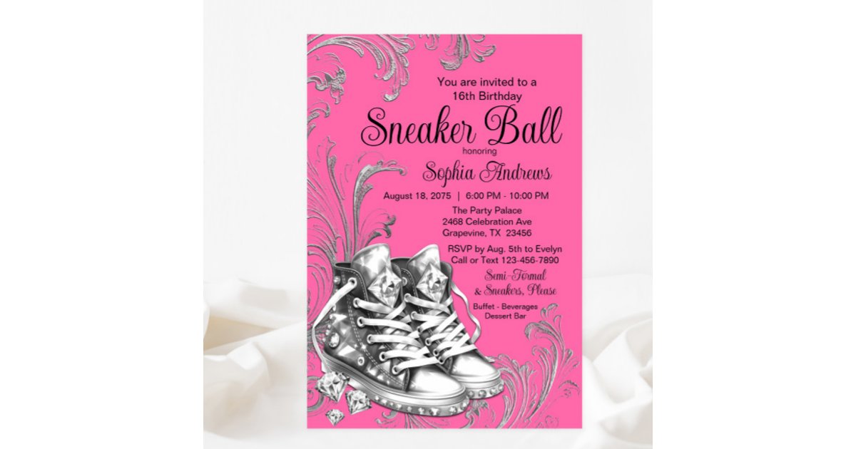 Pink Silver Diamond Sneaker Ball Invitation | Zazzle