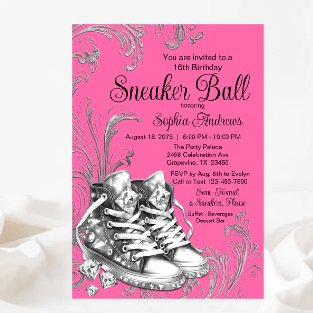 Pink Silver Diamond Sneaker Ball Invitation | Zazzle