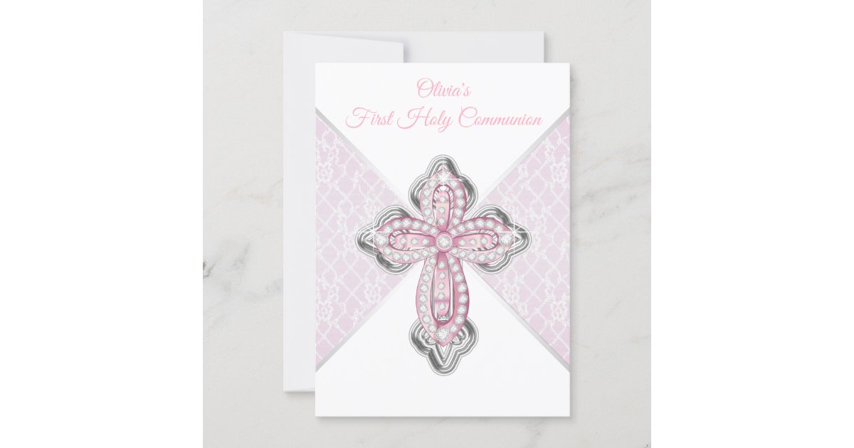 Pink Silver First Communion Invitations | Zazzle