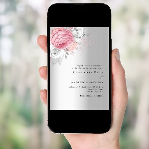 Pink silver florals elegant wedding invitation | Zazzle