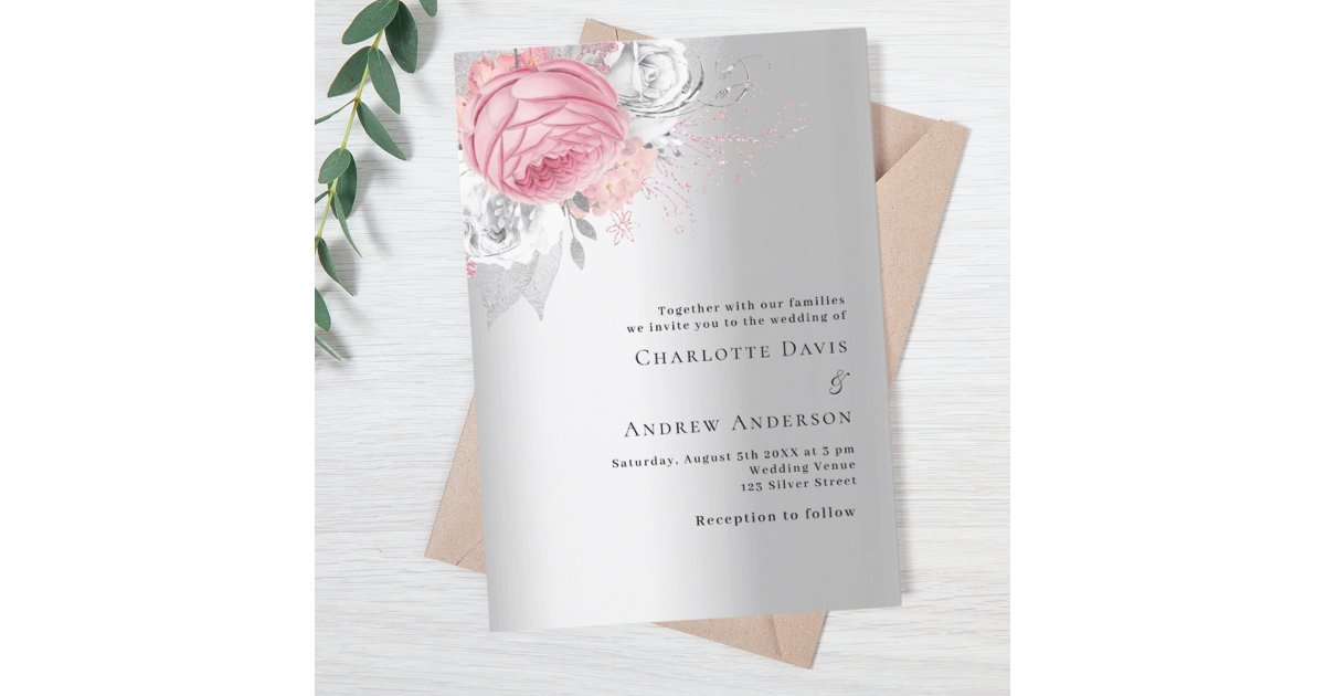 Pink silver florals elegant wedding invitation | Zazzle