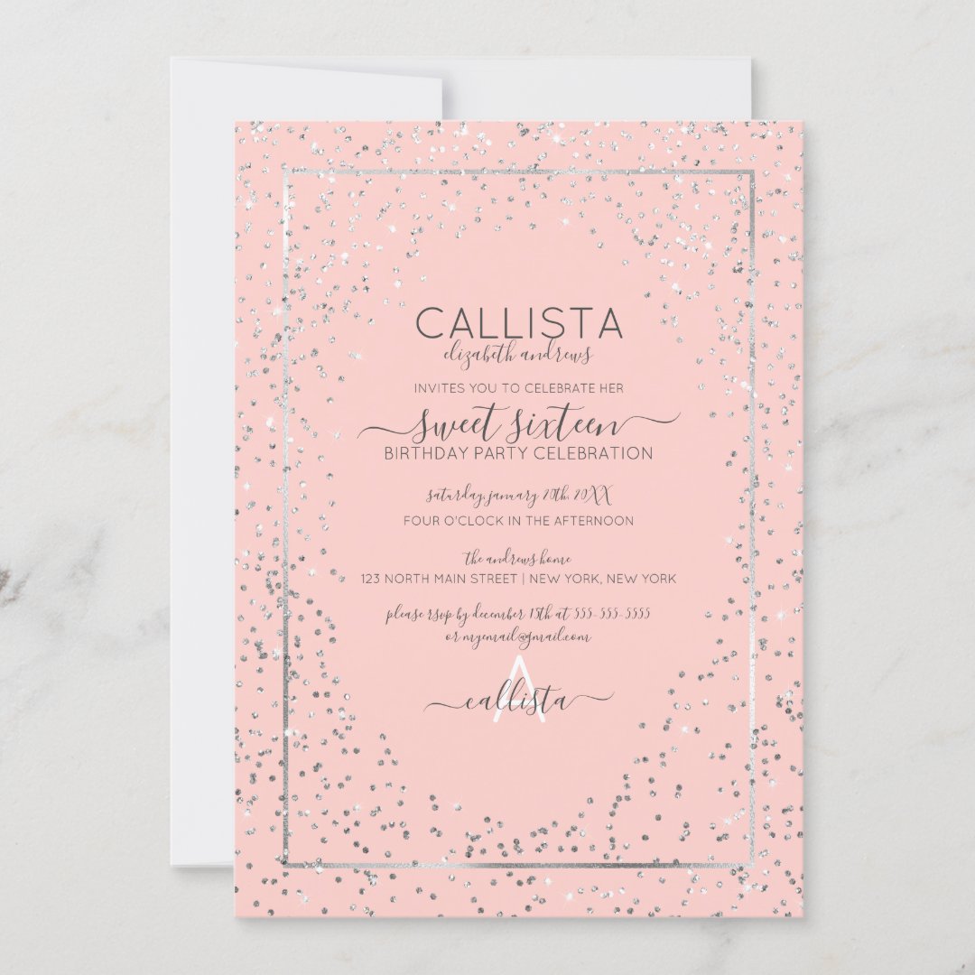 Pink Silver Glitter Confetti Border Sweet 16 Invitation | Zazzle