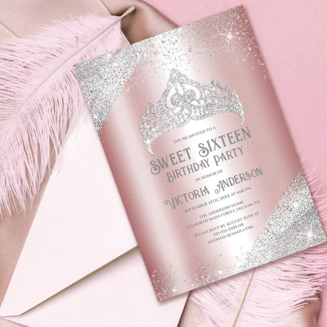 Pink Silver Glitter Princess Tiara Sweet 16 Invita Invitation | Zazzle