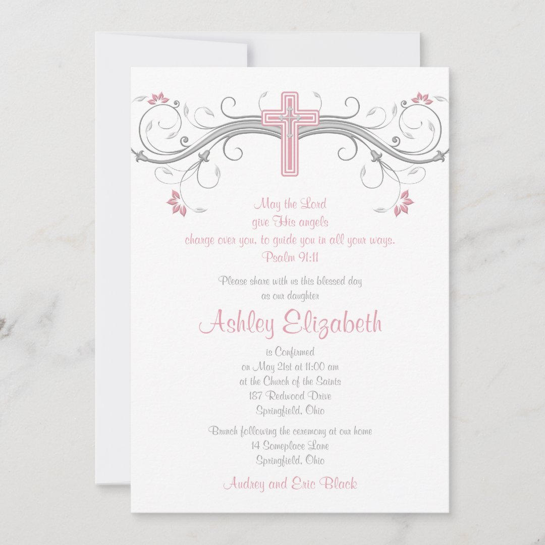 Pink Silver Grey Cross Confirmation Invitation | Zazzle