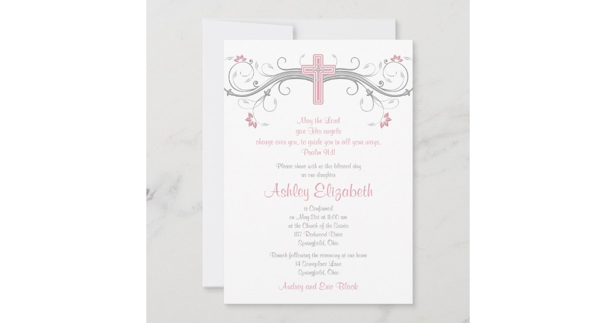 Pink Silver Grey Cross Confirmation Invitation | Zazzle