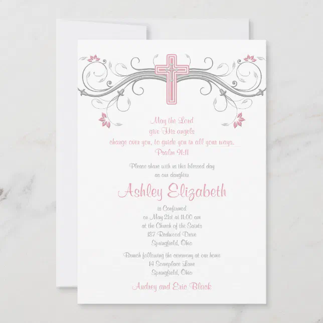 Pink Silver Grey Cross Confirmation Invitation | Zazzle