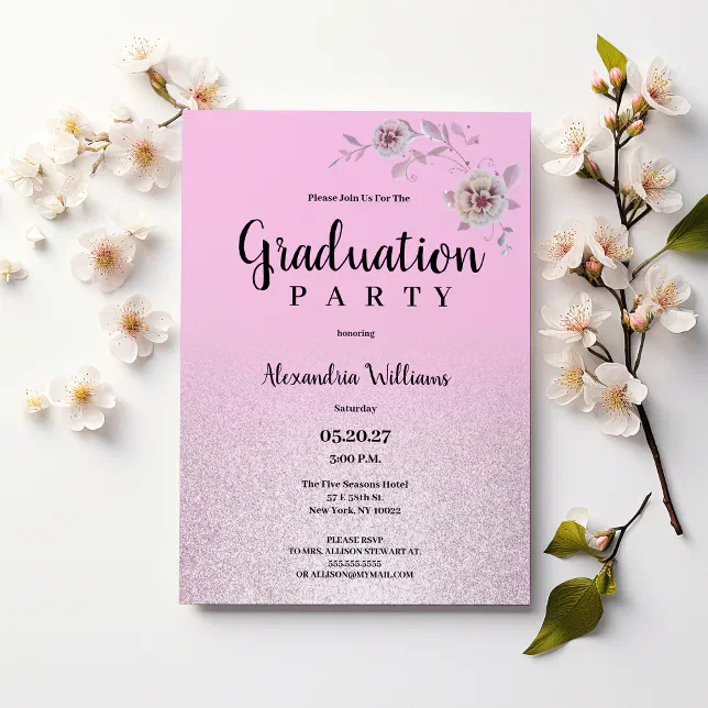 Pink silver lavender glitter flower Graduation Invitation | Zazzle