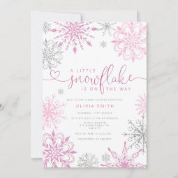 Pink silver little snowflake girl baby shower invitation | Zazzle
