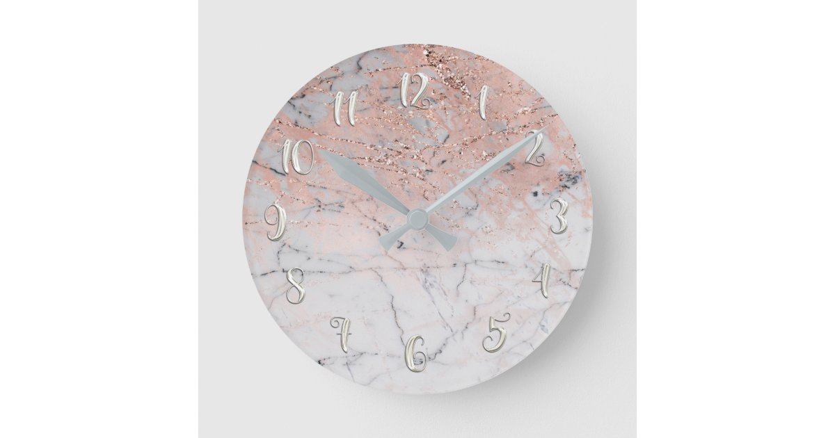 Pink Silver Marble Modern Glamour Personalized Round Clock | Zazzle