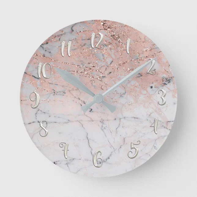 Pink Silver Marble Modern Glamour Personalized Round Clock | Zazzle