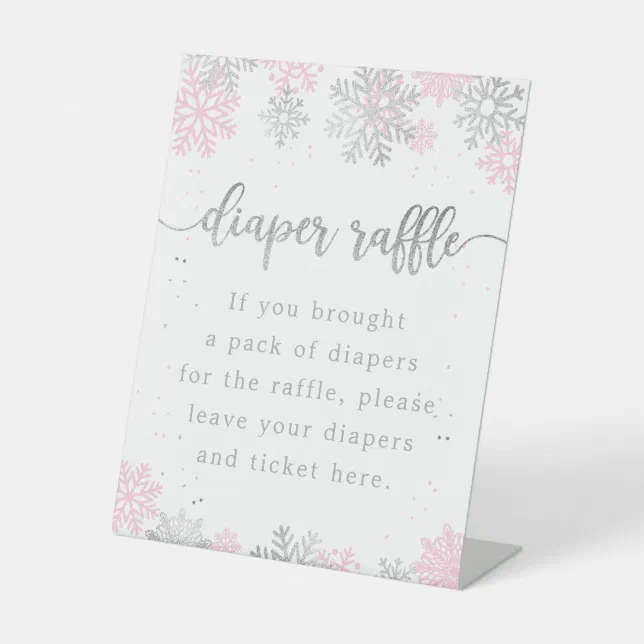 Pink Silver Snowflakes Diaper Raffle Baby Shower Pedestal Sign | Zazzle