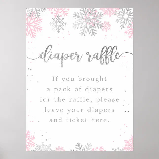 Pink Silver Snowflakes Diaper Raffle Baby Shower Poster | Zazzle