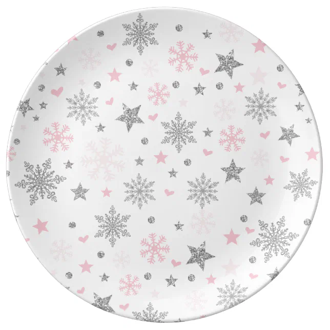 Pink Silver Winter Snowflake Holiday Party Gift Dinner Plate | Zazzle