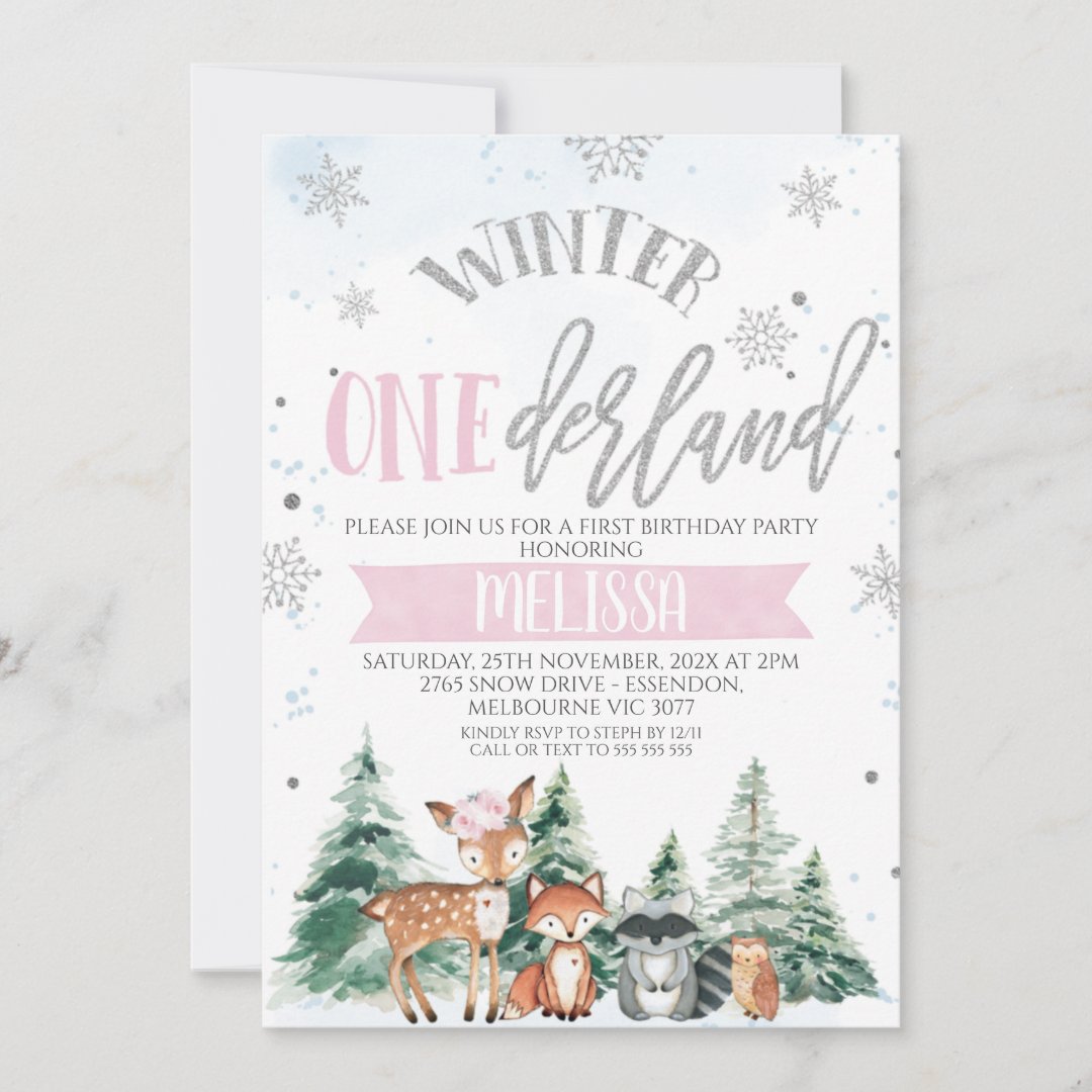 Pink Silver Woodland Onederland First Birthday Inv Invitation | Zazzle