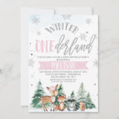 Pink Silver Woodland Onederland First Birthday Inv Invitation | Zazzle
