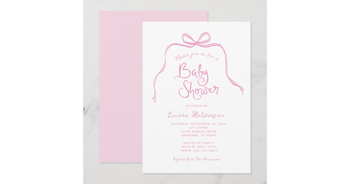 Pink Simple Bow Baby Shower Invitation | Zazzle