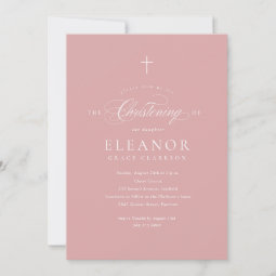 Pink Simple Elegant Cross Calligraphy Christening Invitation | Zazzle