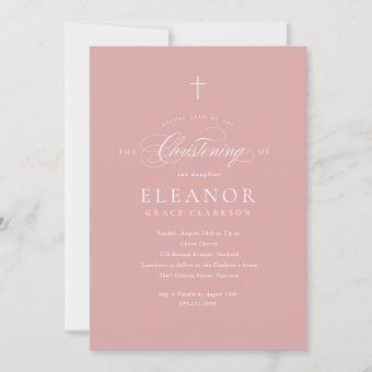 Pink Simple Elegant Cross Calligraphy Christening Invitation | Zazzle